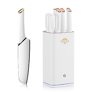 Kitajun Smart Kitchen Knife Set with holder German Stainless Steel 6 Knives Built-in sharpening rod. Smart Knife block keep cleaning and drying，kitchen smart gadgets smart kitchen appliances (White)
