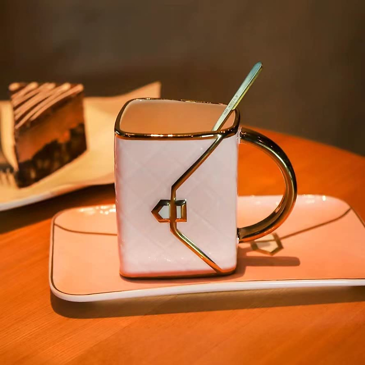 FLLETY Coffee Mug,Tea Cup Set,Coffee Cups Ceramic Travel Mug,Handbag Shaped Mug With Saucer And Spoon,Halloween Mugs With Gift Box For Women (Pink)