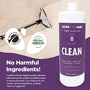 Ultra Chem Labs Professional Grade, All-in-One Super-Concentrated Upholstery Carpet Solution, Electrolytic Rug and Stain Remover, Dark Cherry Scent, 32 oz Formula Yields 8 Gallons