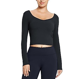 BALEAF Nuleaf Scoop Neck Long Sleeve Crop Top for Women Slim Fit Workout Shirts Tight Base Layer Athletic Gym Casual Black M