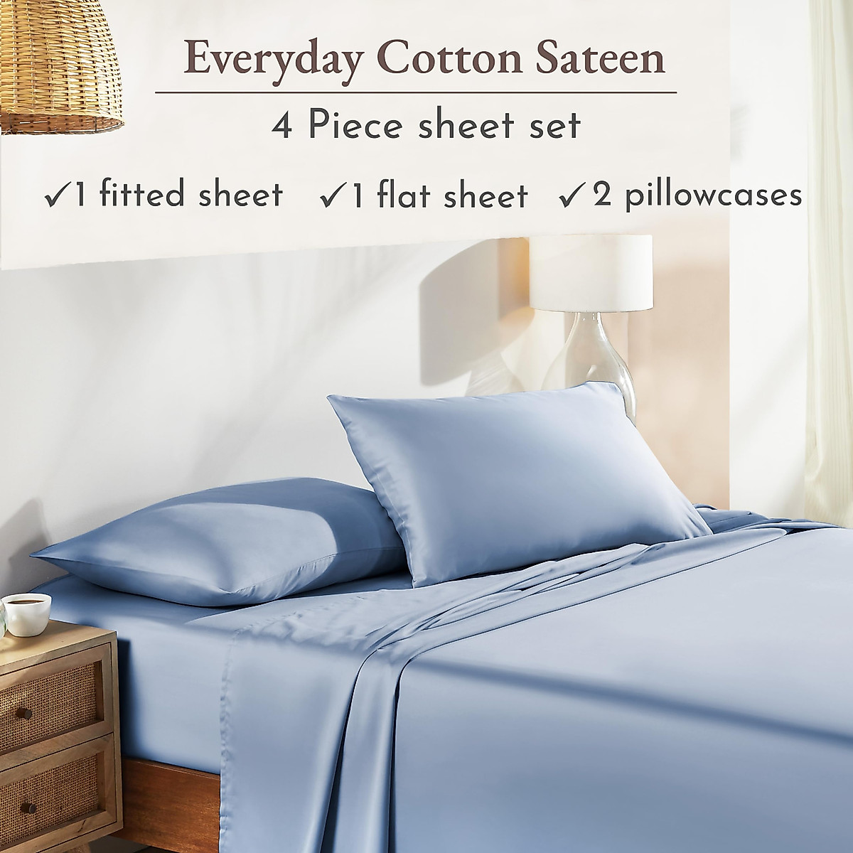 California Design Den Soft 100% Cotton Sheets Full Size Bed Sheet Set with Deep Pockets, Full Size Sheets Set with Sateen Weave, Cooling Sheets (Blue Hydrangea)