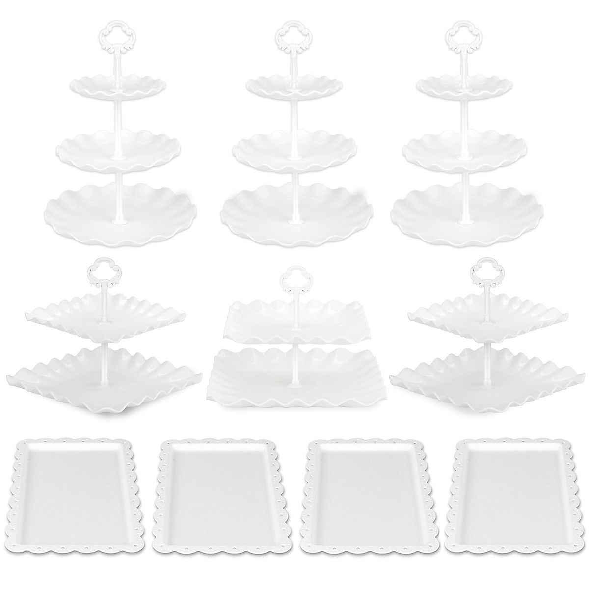 Pack of 10 NWK Cake Stand, Cupcake Stand, with 3 x Two-Tier Cupcake Stands, 3 x Three-Tier Cupcake Stands, 4 x Appetizer Trays, for Birthday Baby Bridal Shower Party (White)