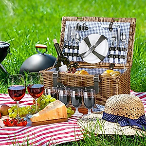 Flexzion Picnic Basket for 4 Person, Rectangular Wicker Picnic Basket Set, Insulated Picnic Case with Waterproof Lining and Blanket, Napkins, Cutlery Set, Wine Glasses, Bottle Opener and Plates