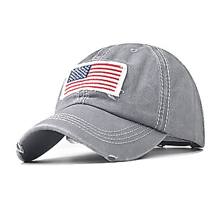 INOGIH Women American Flag Ponytail Hat Embroidery Washed-Cotton Messy Bun Baseball-Cap Adjustable Grey