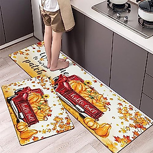 Ileading Fall Thanksgiving Kitchen Anti Fatigue Mat Set of 2 A Truck Full of Pumpkins Non Slip Cushioned Kitchen Sink Floor Mats Waterproof Foam Comfort Standing Runner Rug Holiday Home Decorations