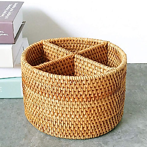 i-lan Natural Rattan 4 Compartments Cooking Utensil Silverware Organizer Holder Cosmetics Storage Box Cutlery Caddy Flatware Serving Basket (180mm 4-Compartment Box)