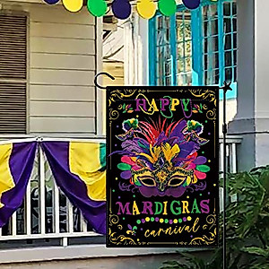 CMEGKE Mardi Gras Masquerade Feather Mask Garden Flag, Happy Mardi Gras Flags, Masquerade Mask Holiday Party Yard Outdoor Decor Vertical Double Sided Burlap Carnival Celebration Classic Holiday Party Farmhouse Yard Home Outside Decor 12.5 x 18 In