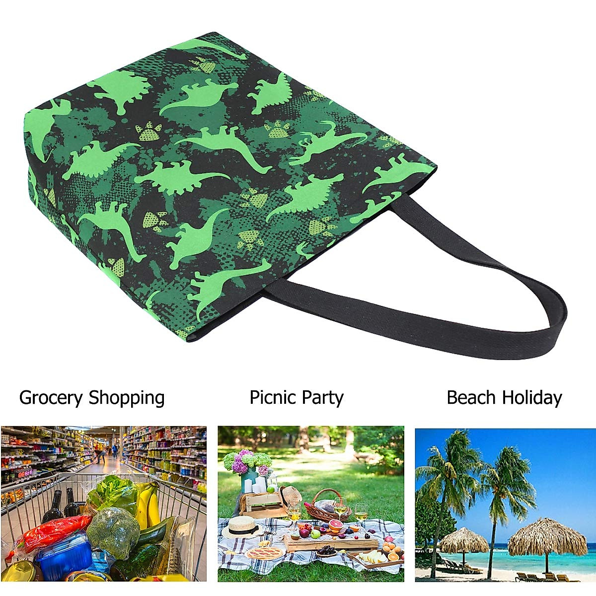 ZzWwR Stylish Green Dinosaurs Footprint PatternExtra Large Canvas Market Beach Travel Reusable Grocery Shopping Tote Bag Portable Storage HandBags