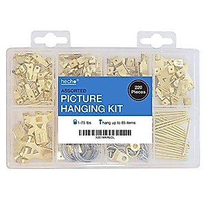 Assorted Picture Hanging Kit | 220 Piece Assortment with Wire, Picture Hangers, Hooks, Nails and Hardware for Frames
