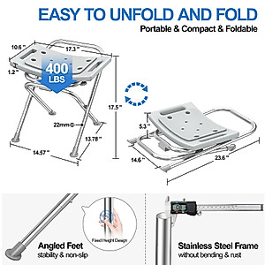 UGarden Folding Shower Chair Seat, Stainless Steel Shower Chair for Inside Shower with Pad/Grab Bar, 400lbs Portable Travel Shower Stool, Safety Anti-slip Bath Chair for Seniors, Adults,Disabled, Gra