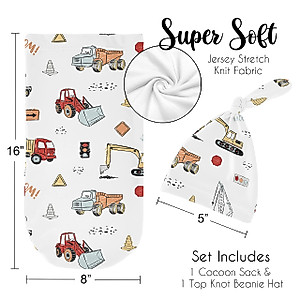 Sweet Jojo Designs Construction Truck Baby Boy Cocoon and Beanie Hat Set Jersey Stretch Knit Sleeping Bag Infant Newborn Nursery Sleep Wrap Sack - Grey Yellow Orange Red and Blue Transportation