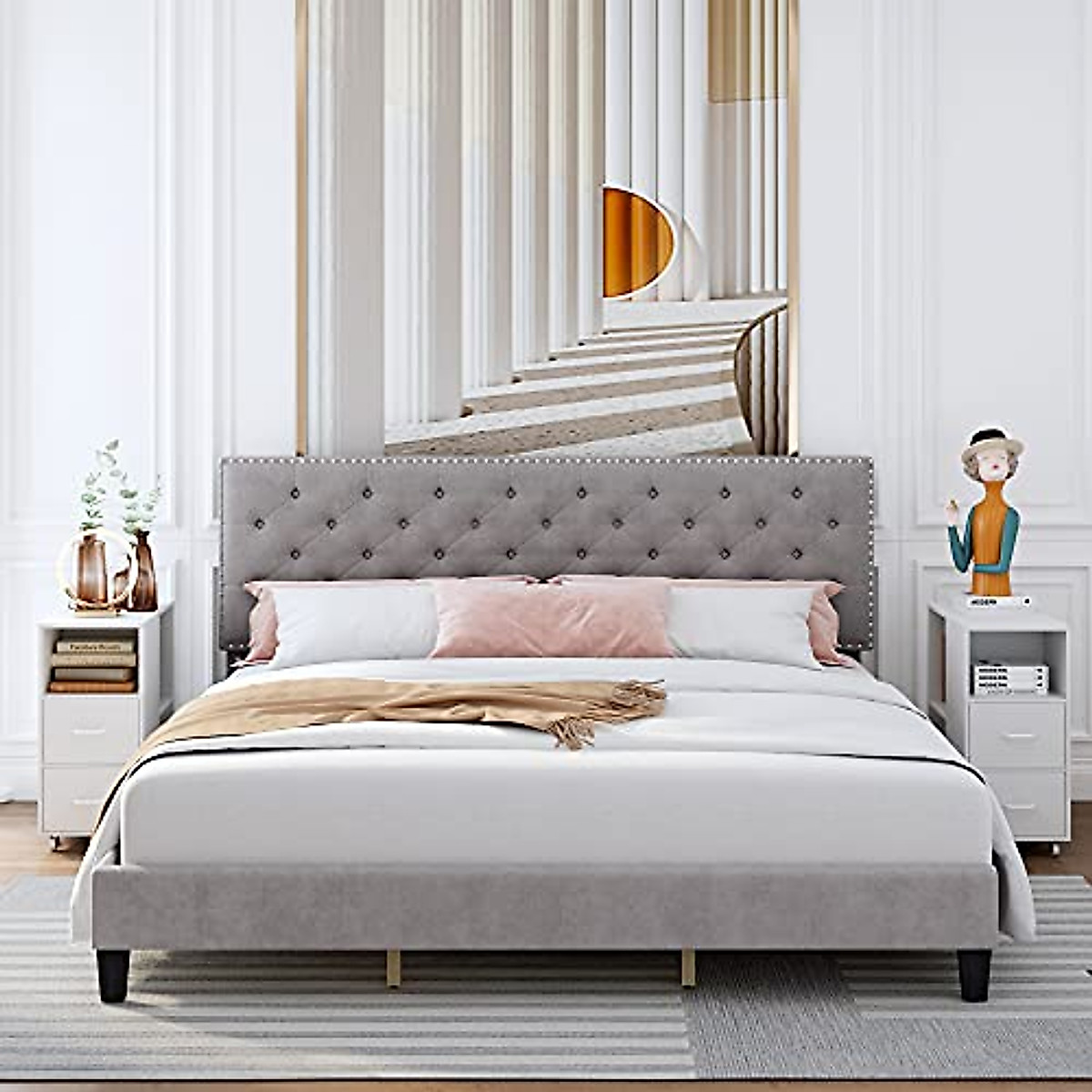 URKNO King Bed Frame, Upholstered Platform Bed Frame with Adjustable Headboard, Button Tufted Mattress Foundation with Sturdy Wood Slat Support, No Box Spring Required, Easy Assembly (Grey, King)
