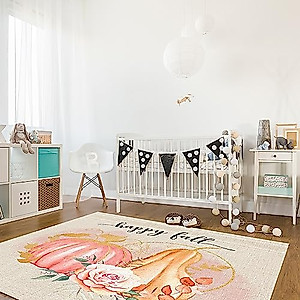 OComster Thanksgiving Rectangle Shape Large Area Rugs - 2.7 x 5 Feet Fall Pink Orange Pumpkin Flower Watercolor Burlap - (Non-Woven + Rubber) Low File Floor Mat