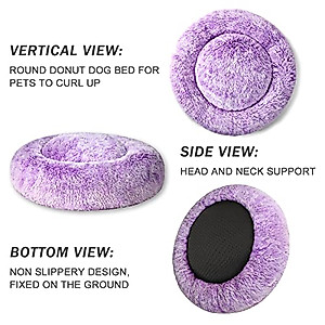 Patas Lague Calming Dog Bed for Small Dogs, Fluffy Soft Cozy Cat Bed, Faux Fur Anti-Anxiety Plush Washable Pet Donut Cuddler for All Seasons 20IN, Purple
