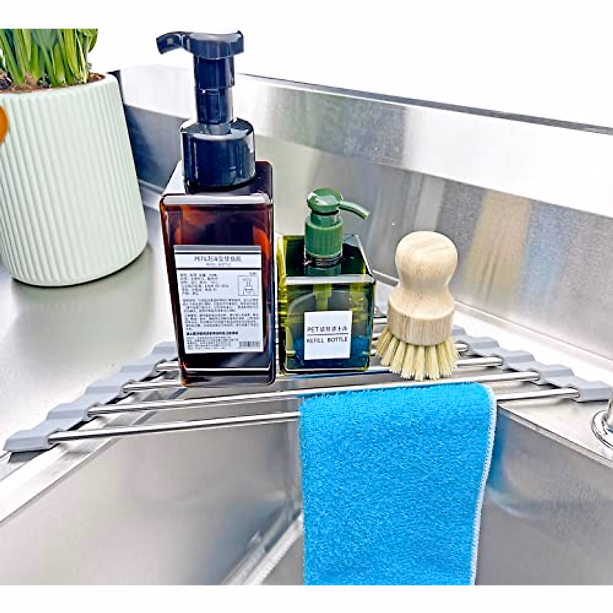 Sink Sponge Holder, Multipurpose Roll up Drying Rack for Sink Corner-Gray