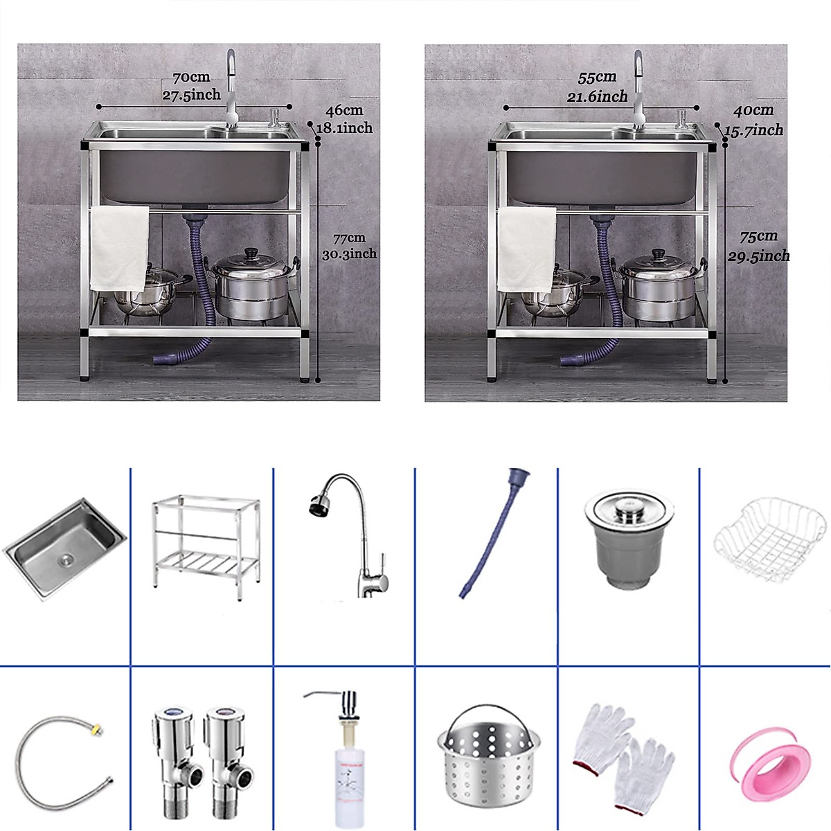 Kitchen Sink for Washing Single Bowl 304 Stainless Steel Utility Sinks Freestanding Outdoor camping dish washing station with Console & Stand for Indoor Garage Kitchen Laundry Room ( Size : 70*46*75cm