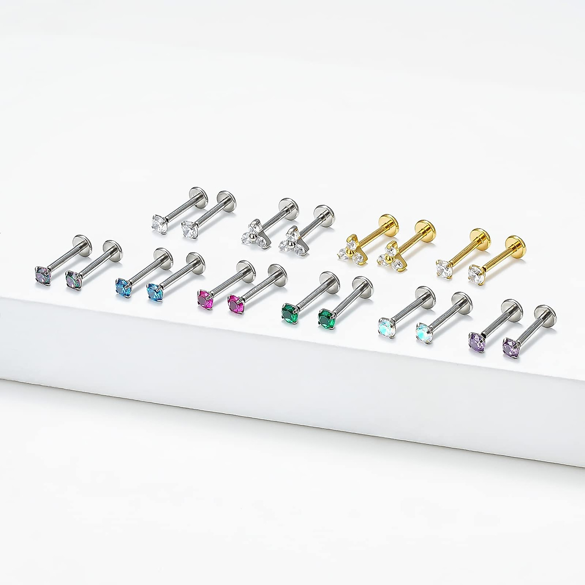 BelezaDosas G23 Titanium Labret Studs Threadless Push Back 16G Lip Tragus Helix Cartilage Earring Piercing Jewelry (1 pair Emerald)