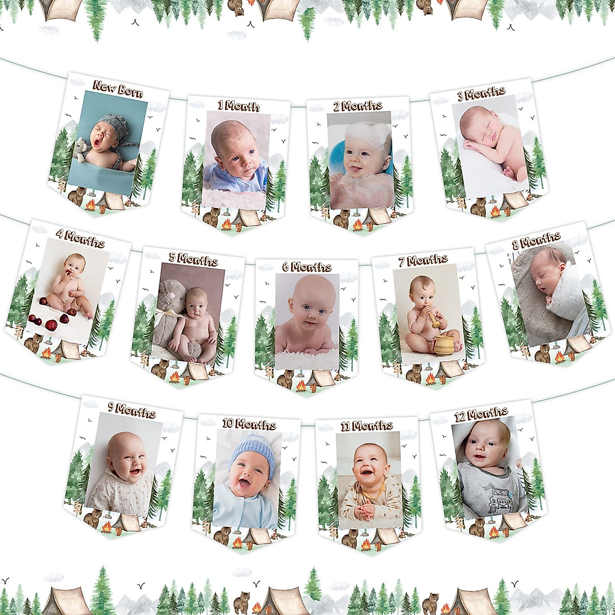 One Happy Camper Photo Banner for Boys Girls 1st Forest Safari Camping Theme Birthday Party Decorations Photo Banner from Newborn to 12 Months Adventure Camping Annual Milestone Photo Banner Supplies