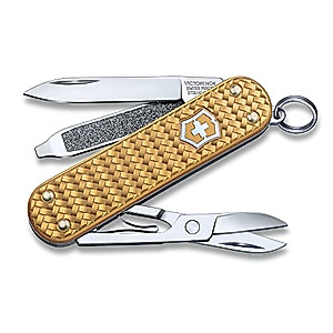 Victorinox Classic SD Precious Alox Swiss Army Knife, Compact 5 Function Swiss Made Pocket Knife with Small Blade, Screwdriver and Key Ring - Brass Gold