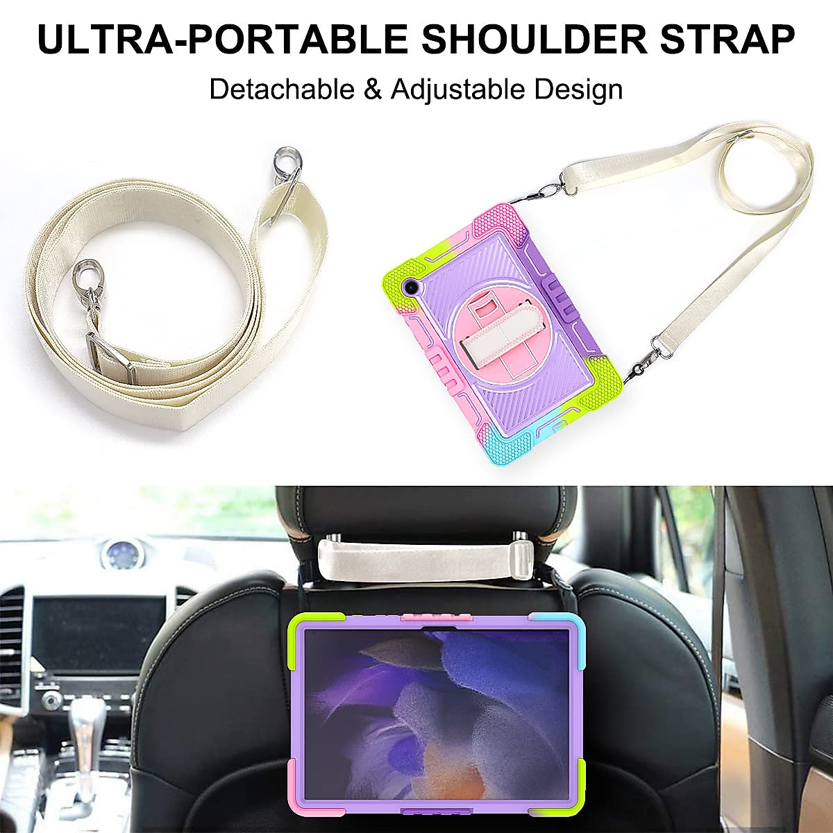 Hocase for Galaxy Tab A8 10.5" Case, with 360 Rotation Stand/Hand & Shoulder Strap, Heavy Duty Shockproof Rugged Rubber Hard Protective Case for Samsung Galaxy Tab A8 10.5" (2022) - Rainbow