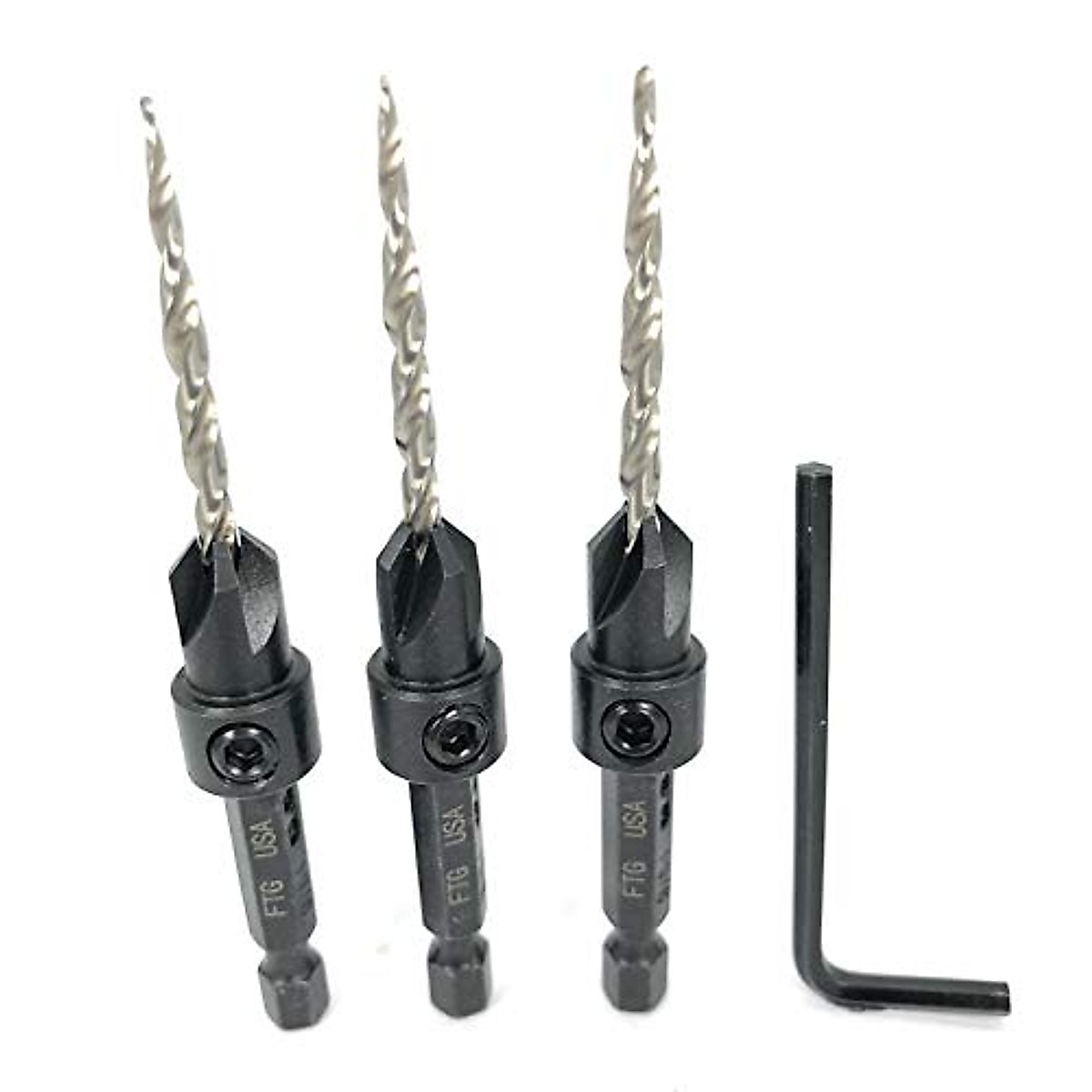 FTG USA Countersink Drill Bit Set 3 Pc #6 (9/64") Wood Countersink Drill Bit Pack Same Size Set with 12 Replacement Bits #6 (9/64") Tapered Countersink Bit, with 1 Hex Wrench,