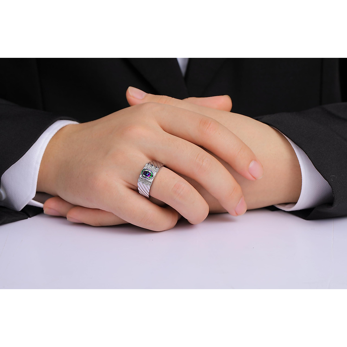 Rylos Sterling Silver Classic 8X6MM Oval Alexandrite Gemstone & Sparkling Diamond Ring - Birthstone Jewelry for Men -Size 11