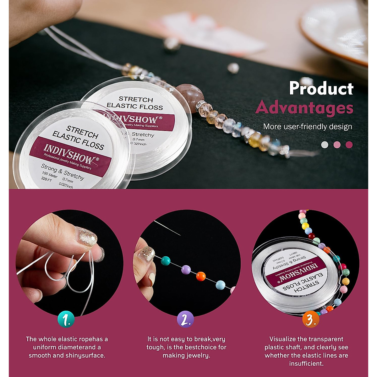 INDIVSHOW Elastic Bracelet String Cord Stretch Bead Cord with 6pcs Bead Stoppers and 1pc Big Eye Beading Needle for Jewelry Making and Bracelet Making White