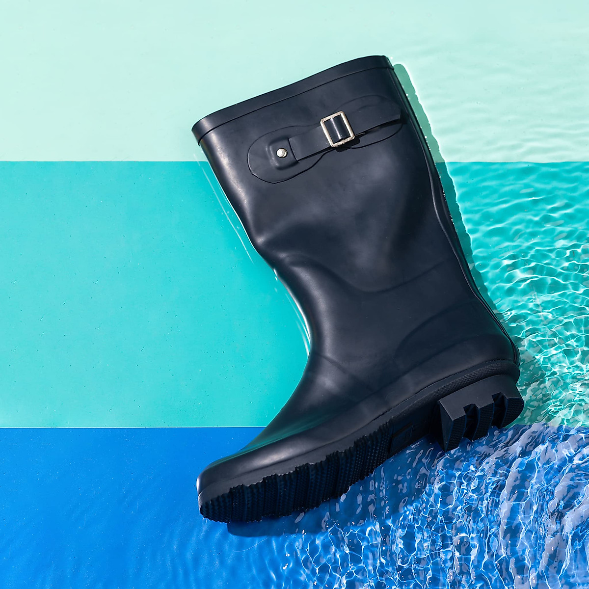 NORTY Women's Hurricane Rain Boots - Mid-Calf Length - Glossy Matte Waterproof Rubber Shoes - Matte Navy Size 9