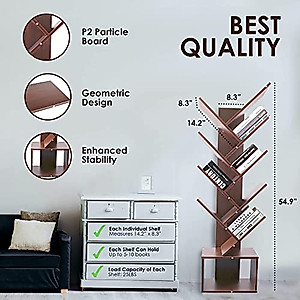 Tree Bookshelf with Drawer Rustic Brown Bookcase 9-Tier Book Rack Free Standing Book Storage Organizer Shelves, Wooden Rack Organizer Shelves for CD Movies/Books Home Office Living Room Bedroom