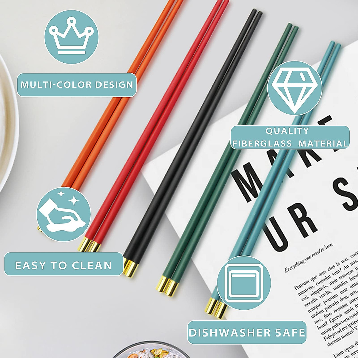 5 Pairs Chopsticks Premium Reusable Dishwasher Safe, 9.6 inch/24.3cm Chopsticks, Matte Non-Slip Chopsticks, Chinese Style Japanese Korean Chop Sticks for Food & Cooking, Dome-Dark Colorful