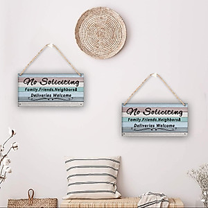 Harooni Funny No Soliciting Sign for House 12 x 6 Inches Welcome Sign for Front Door No Soliciting Family Friends Neighbors & Deliveries Hanging Wooden Sign for Home Porch Yard House Warming