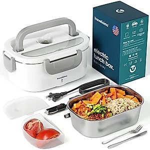 TRAVELISIMO Electric Lunch Box 60W, 3 in 1 Ultra Quick Portable Food Warmer 12/24/110V, Heated Lunch Boxes for Adults Leakproof, SS Container, Luncheaze Heater for Car Truck Work, Loncheras Electricas