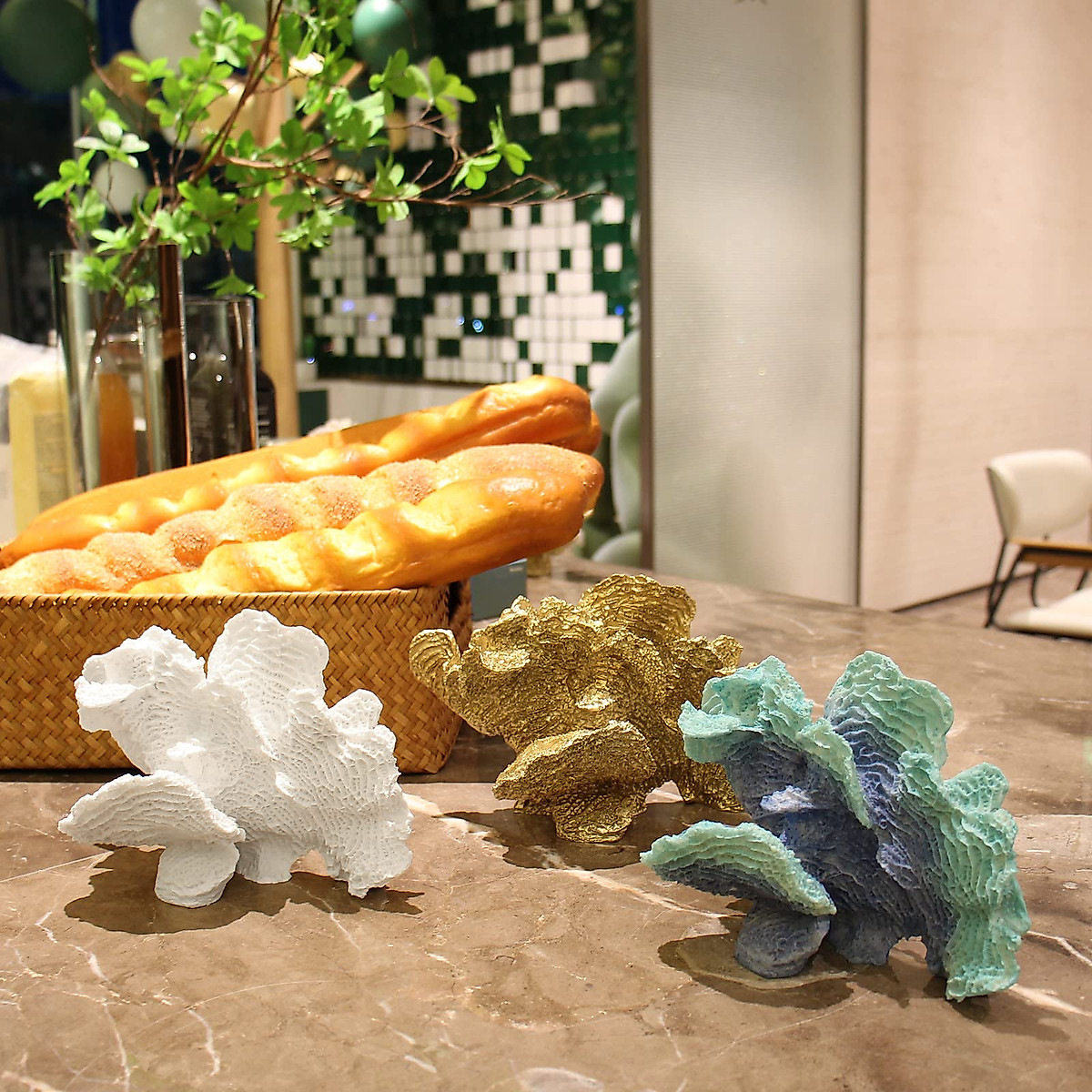 ALIWINER Blue Faux Coral Reef Statue - Resin Sea Coral Sculpture for Tabletop, Home, Living Room - Coastal Beach Decor