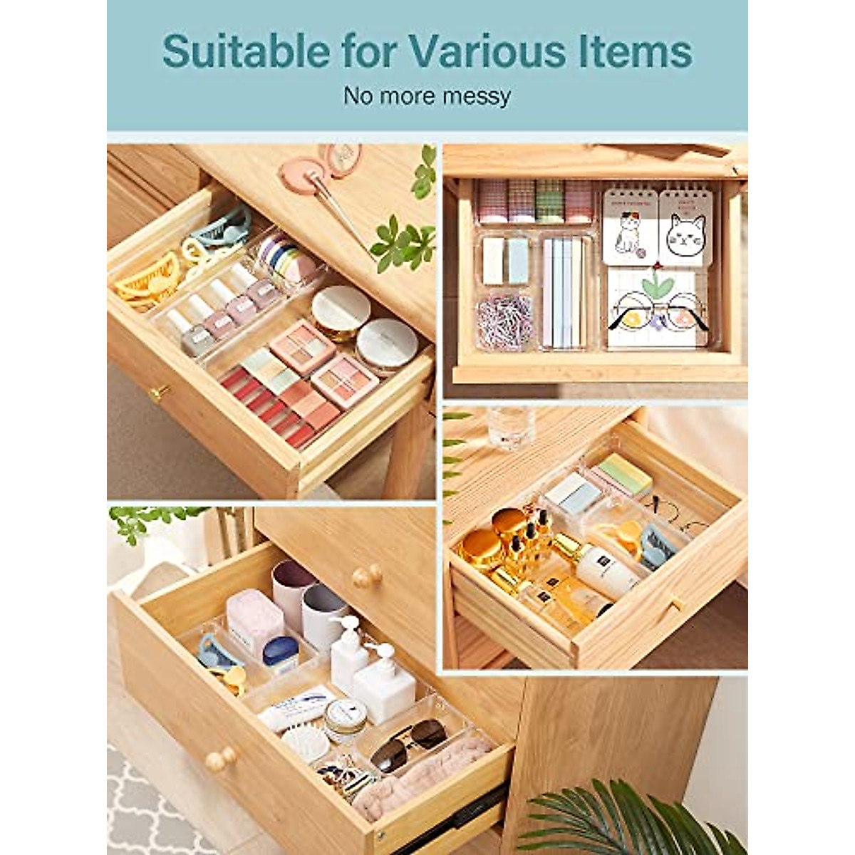 Kootek 21 Pcs Desk Drawer Organizer Set 4-Size Bathroom Drawer Tray Dividers Versatile Storage Bins Plastic Vanity Trays Organizers Divider Container for Dresser Makeup Kitchen Utensil Office