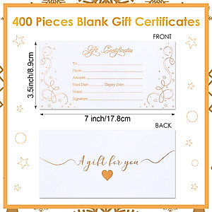 Colarr 400 Pieces Blank Gift Certificates for Business Gold Present Cards Vouchers Gift Certificate Cards for Spa Beauty Salon Restaurant Christmas Wedding Bridal Birthday Holder, 3.5 x 7 Inch