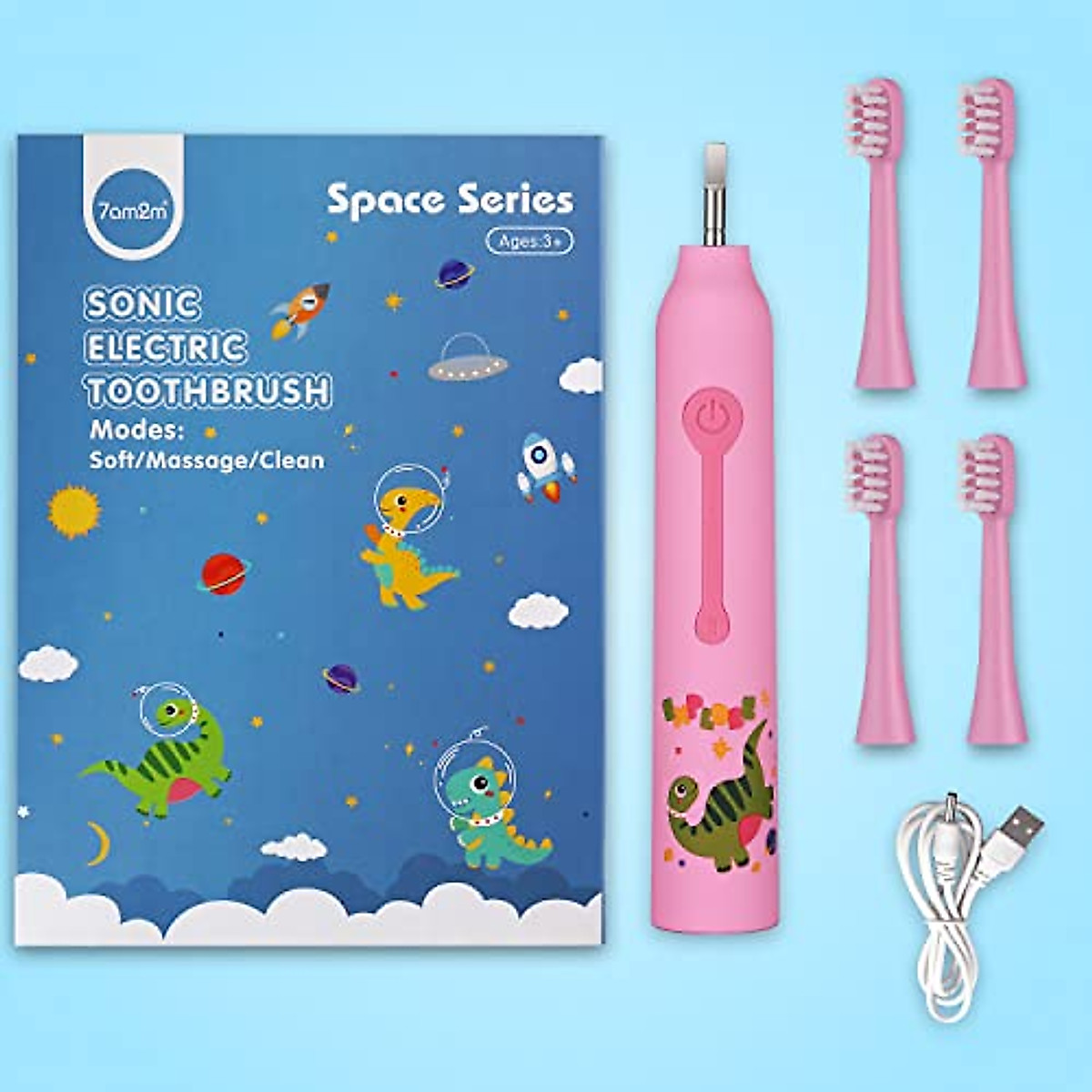 7AM2M Kids Electric Toothbrushes with 4 Brush Heads, 3 Modes with Memory, IPX7 Waterproof, 2 Minutes Build-in Smart Timer, Baby Kids Toothbrushes Suitable Age 3+ (Pink)