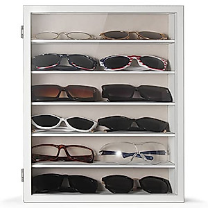 TJ.MOREE Sunglasses Organizer Storage Wall Mounted: 13 x 15.6 inches Eyewear Display Case Rustic Wood Eyeglasses Holder Large Glasses Storage Box,White