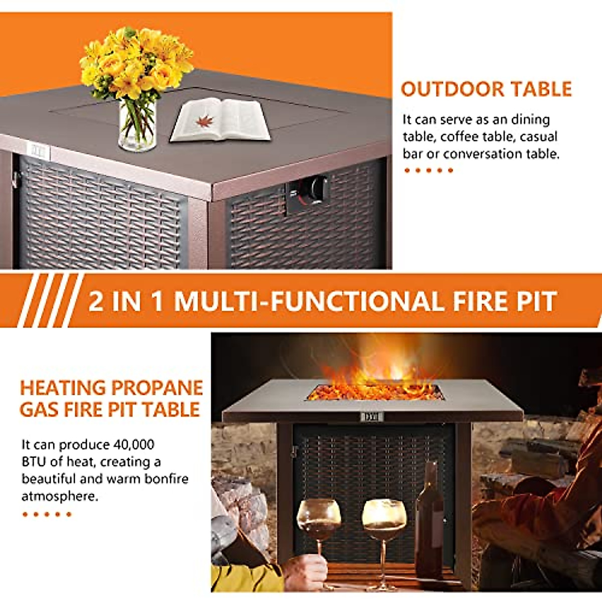 SEGMART Outdoor Propane Fire Pit Table 40000 BTU Gas Fire Pit Table for Outside Patio/Garden/Courtyard, Square Fire Pit with Lid, Auto-Ignition, Lava Rock, Wicker Steel Surface, Outdoor Companion