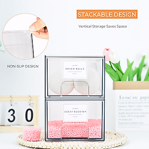 Laundry Room Organization Storage Drawer with Labels, Dryer Sheet Holder, Laundry Pod Containers, Laundry Detergent Dispenser, Clear Stackable Drawers for Laundry Room Organizing Decor (2 pack)