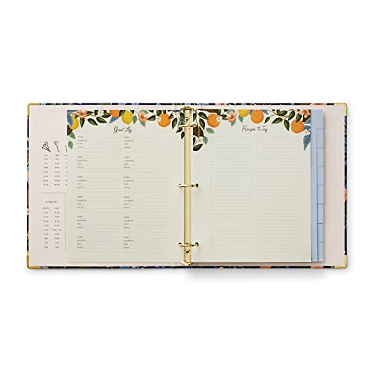 RIFLE PAPER CO. Citrus Grove Recipe Binder - 16 Tabbed Dividers, 10 Clear Recipe Card Sleeves, 1" Three-Ring Style, 11.5"L x 9.75"W, Double-Sided Pocket Folder and Adhesive Labels, Reinforced Corners