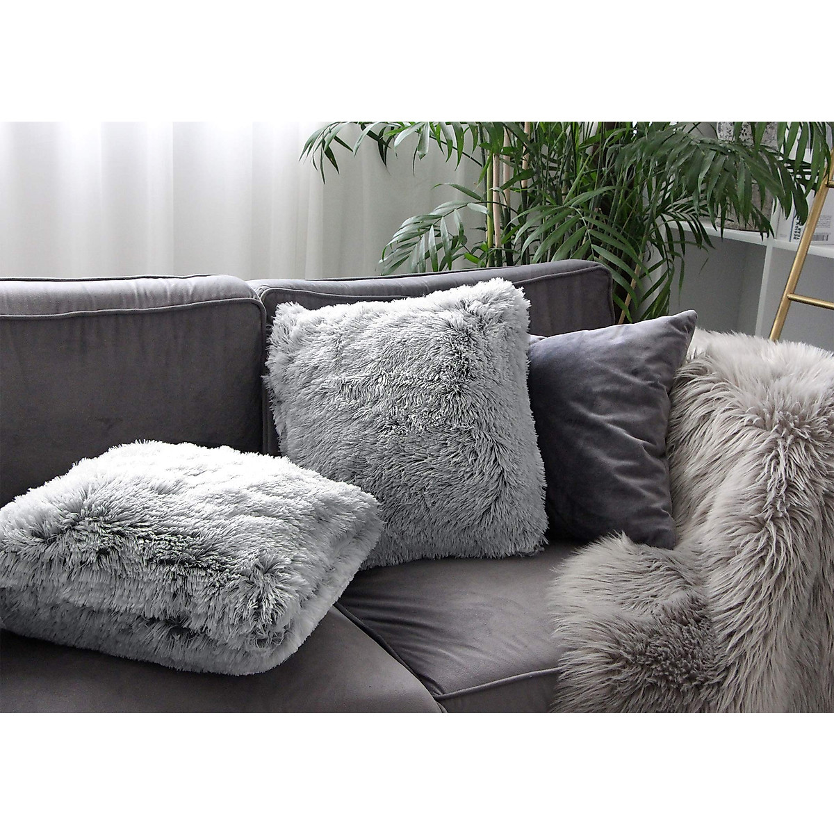 Uhomy 2 Packs Home Decorative Luxury Series Super Soft Faux Fur Throw Pillow Cover Cushion Case for Sofa or Bed Gray Ombre Fluffy Double Side, 18x18 Inch 45x45 Cm