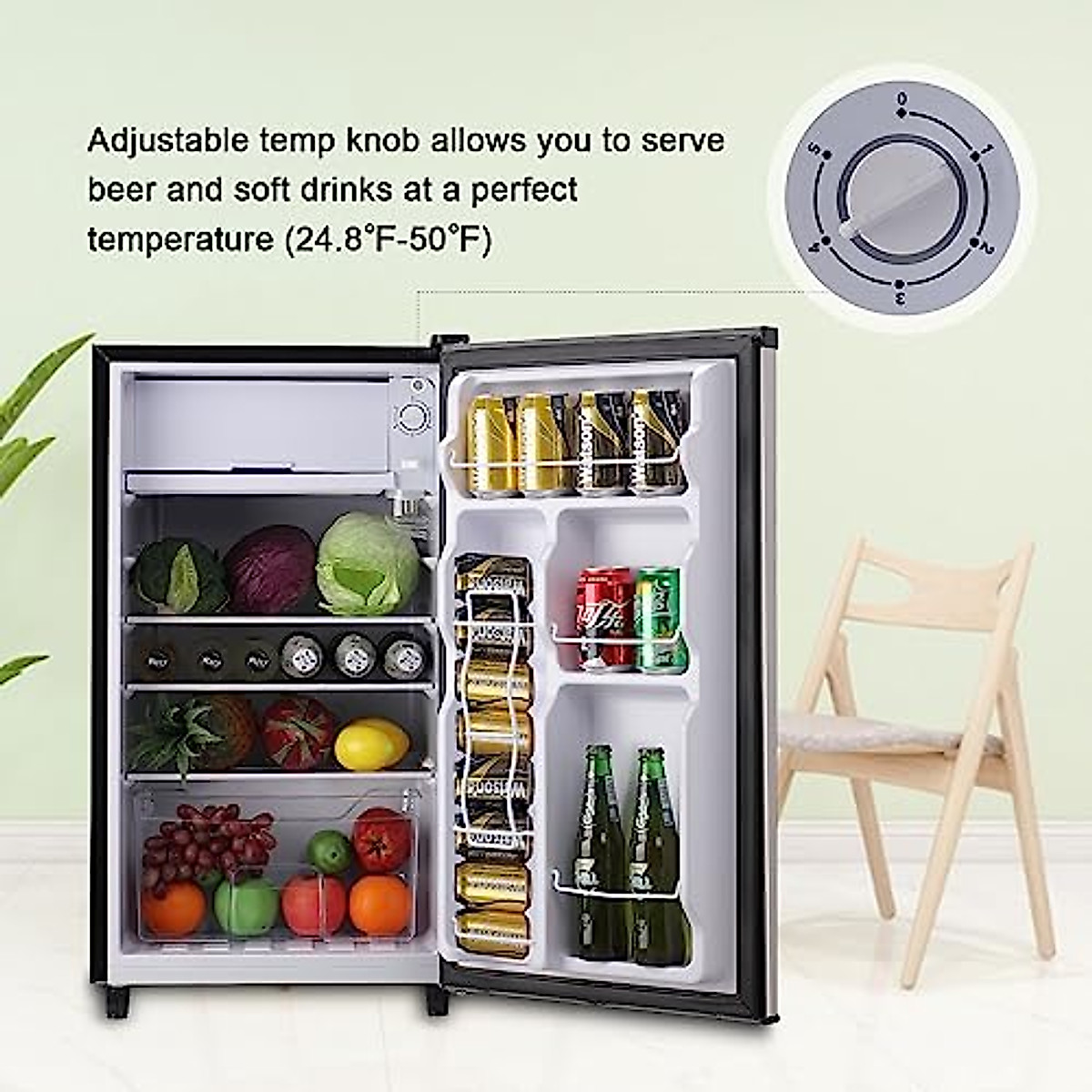 WANAI Compact Refrigerator 3.2 Cu.Ft Mini Silver Fridge With Freezer Single Door Mini Refrigerator with 5 TEMP Modes for Dorm Office Bedroom