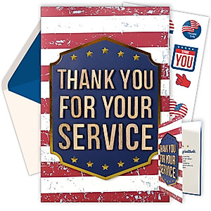 Decorably Gold-Foiled Individual Thank You for Your Service Card with Wooden Letters on Die-Cut Badge, 5x7in Veteran Thank You Cards Set with Envelope & Stickers, Veteran Card with Printed Message