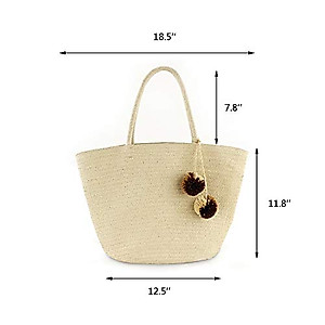 QTKJ Women Straw Summer Beach Bag Handwoven Big Tote Shoulder Handbag with Pom Pom Decorate (Beige)