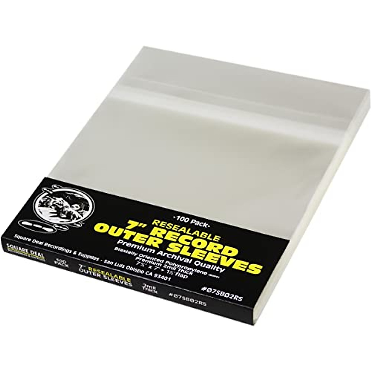 (100) 7" Resealable Record Outer Sleeves - Super Clear Premium 2 Mil Thick - Archival Quality BOPP - 7-3/8" x 7" + 1-1/2" Flap - 07SB02RS