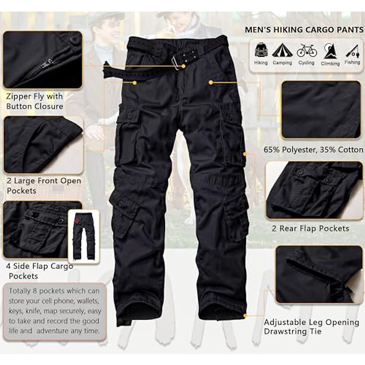 AKARMY Men's Ripstop Wild Cargo Pants, Relaxed Fit Hiking Pants, Army Camo Combat Casual Work Pants with 8 Pockets(No Belt) 3355 Black 38