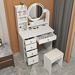 FAMAPY Vanity Desk with Mirror, Lights and Drawers for Makeup, includes Shelves, Cushion Stool for Bedroom White (31.5”W x 15.7”D x 53.1”H)