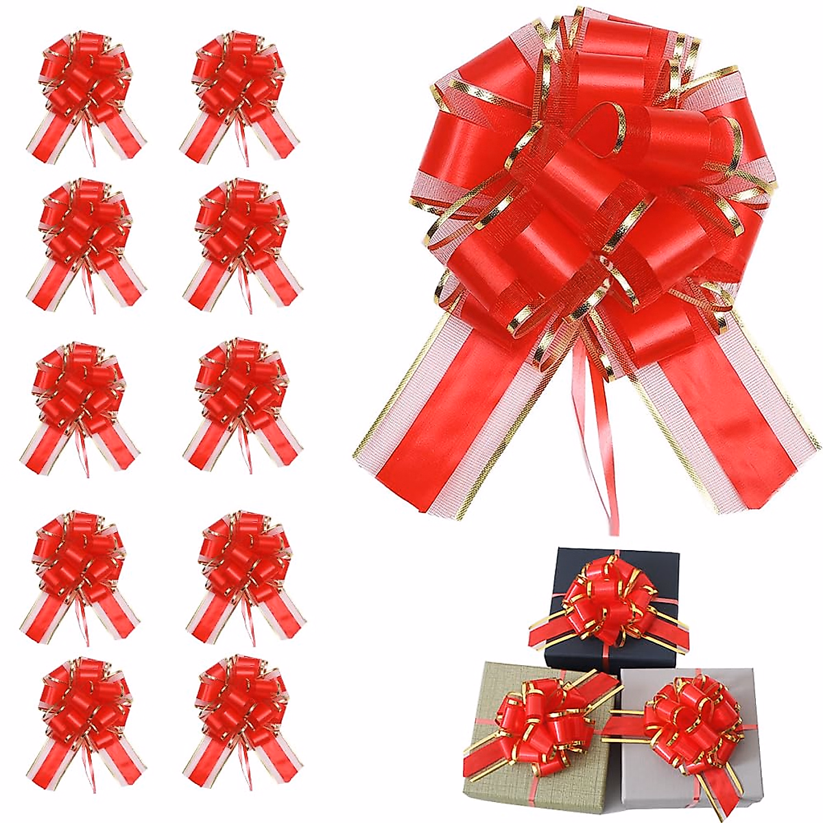 LHMTFCYY 8 Pieces Small Pull Bow Gift Wrapping Pull Bow Ribbon Pull Bows for Christmas Wedding Baskets Valentine's Day Bows 4 inch Bows for Gift Wrapping (red)