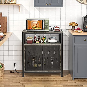 Unikito Wine Bar Cabinet with RGB Light and Outlet, FreeStanding Wine Rack Table, Liquor Cabinet with Glass Holder, Floor Bar Cabinet for Liquor and Glasses for Home Kitchen Dining Room, Black Oak