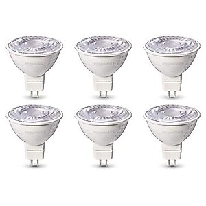 Amazon Basics MR16 LED Light Bulb, 50 Watt Equivalent, Energy Efficient 7W, GU 5.3 Base, Warm White 3000K, Dimmable, 10,000 Hour Lifetime, 12V Low Voltage, 6-Pack